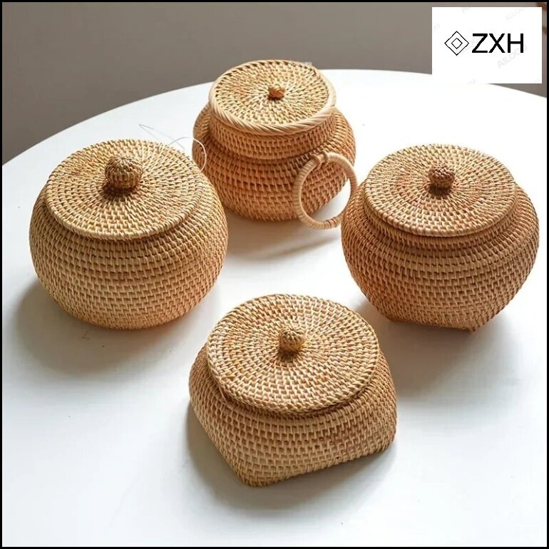 Круглые коробки из ротанга, Коричневый, Коробка Go с крышкой,13 см