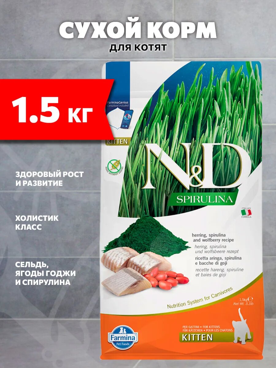 Корм сухой Farmina Cat N&D Grain Free Spirulina Kitten Herring & Wolfberry беззерновой для котят, сельдь, ягоды годжи, спирулини, 1,5 кг