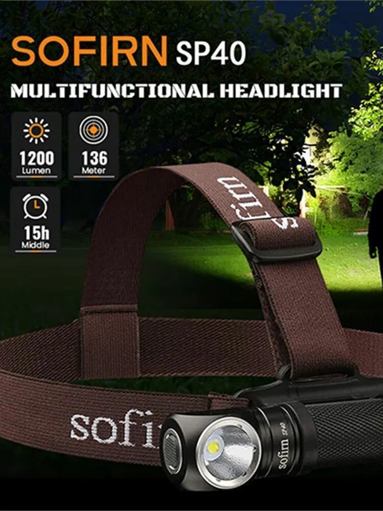 Sofirn SP40 XPL2 1200лм Светодиодный налобный фонарь 5000K 18650 Type-C аккумуляторный фонарик с магнитным колпачком.