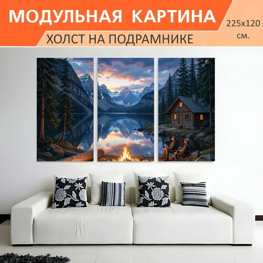 Модульная картина на холсте "Костёр у горного озера. Вечерний альпийский пейзаж с отражением снежных вершин в тихой воде, уютный." триптих на подрамнике 225х120 см. для интерьера