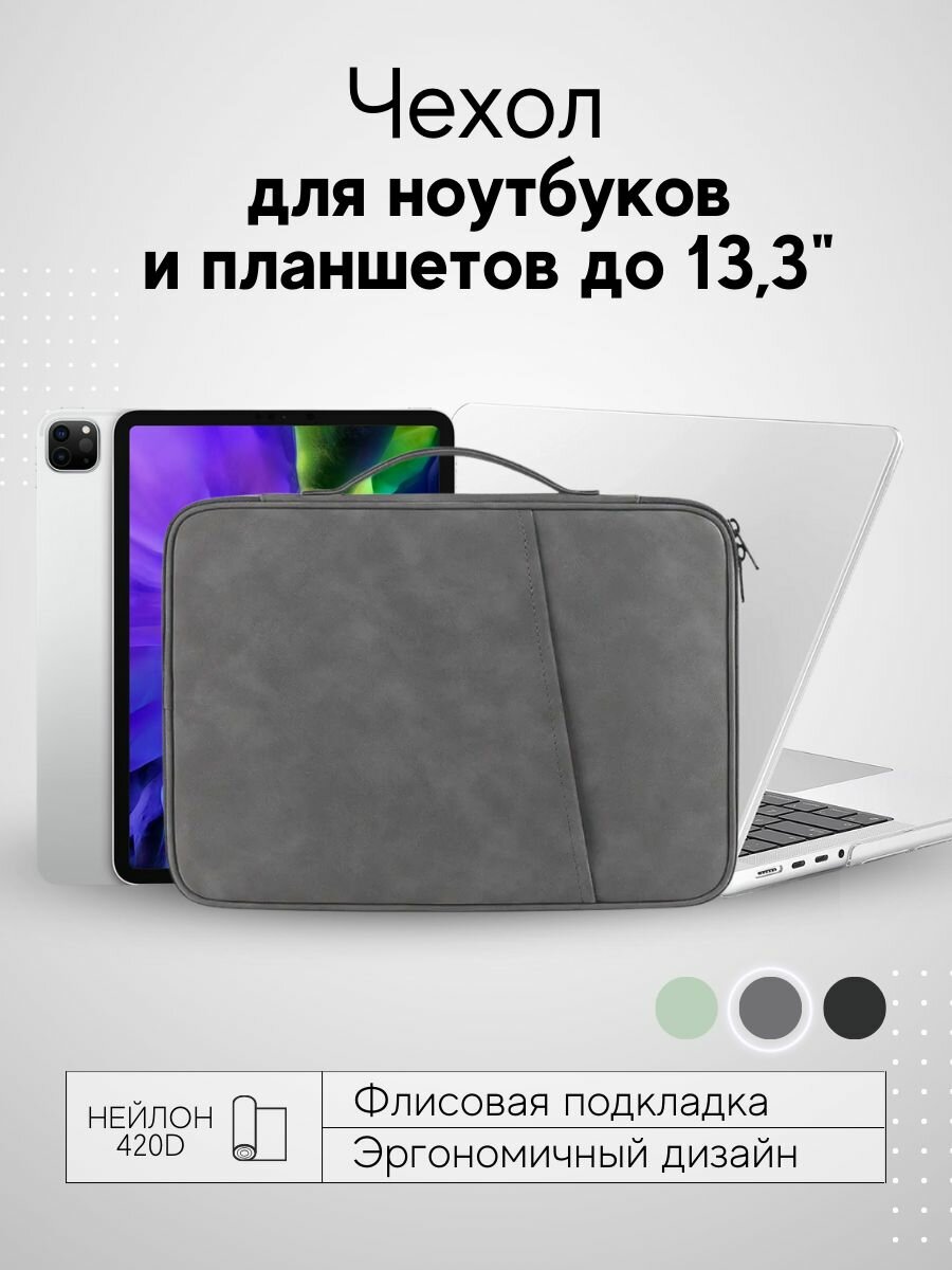 Сумка для ноутбука, серая, для MacBook 13", 35 см x 23.7 x 3 см