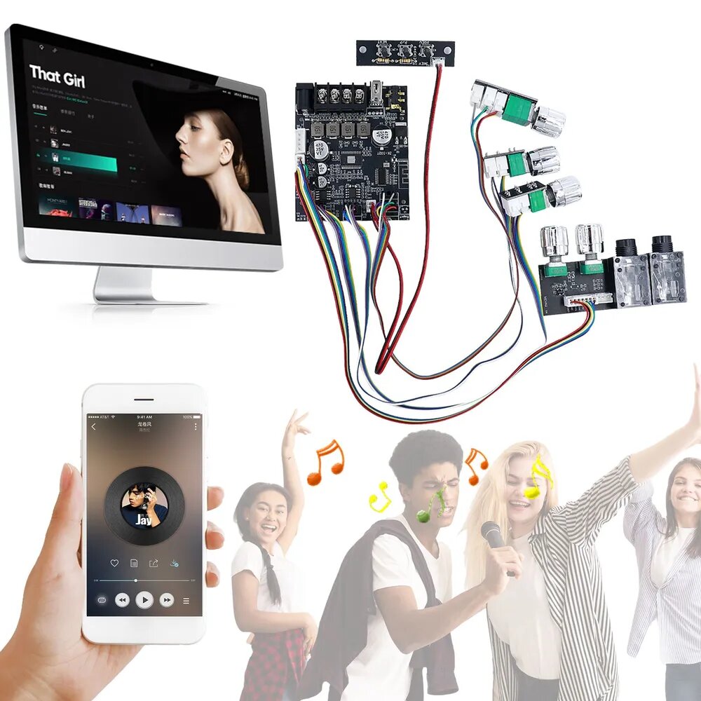 Беспроводной Bluetooth-усилитель мощностью 50 Вт + 50 Вт, 2.0 канала, с двумя входами микрофона и регулировкой реверберации