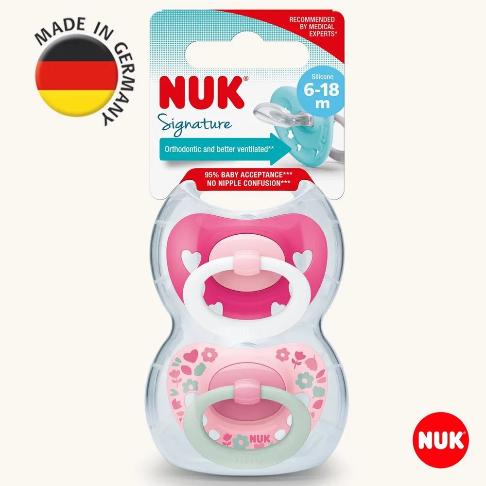 NUK SIGNATURE Соска пустышка ортодонтическая силиконовая, разм. 2 (для детей от 6 до 18 мес.), 2 шт. в контейнере, розовая и красная