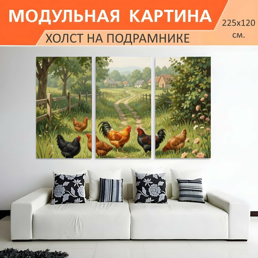 Модульная картина на холсте "Деревенский двор с курами. Уютный сельский пейзаж с петухами и курами на тропинке, зелёные луга, цветы." триптих на подрамнике 225х120 см. для интерьера