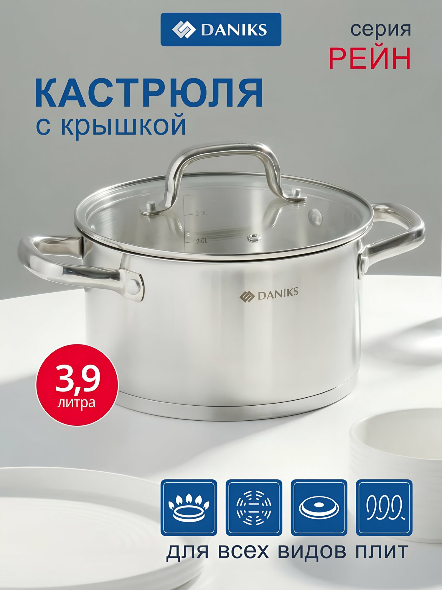 Кастрюля нержавеющая сталь 3.9 л Daniks Рейн GS-01229-20 с крышкой
