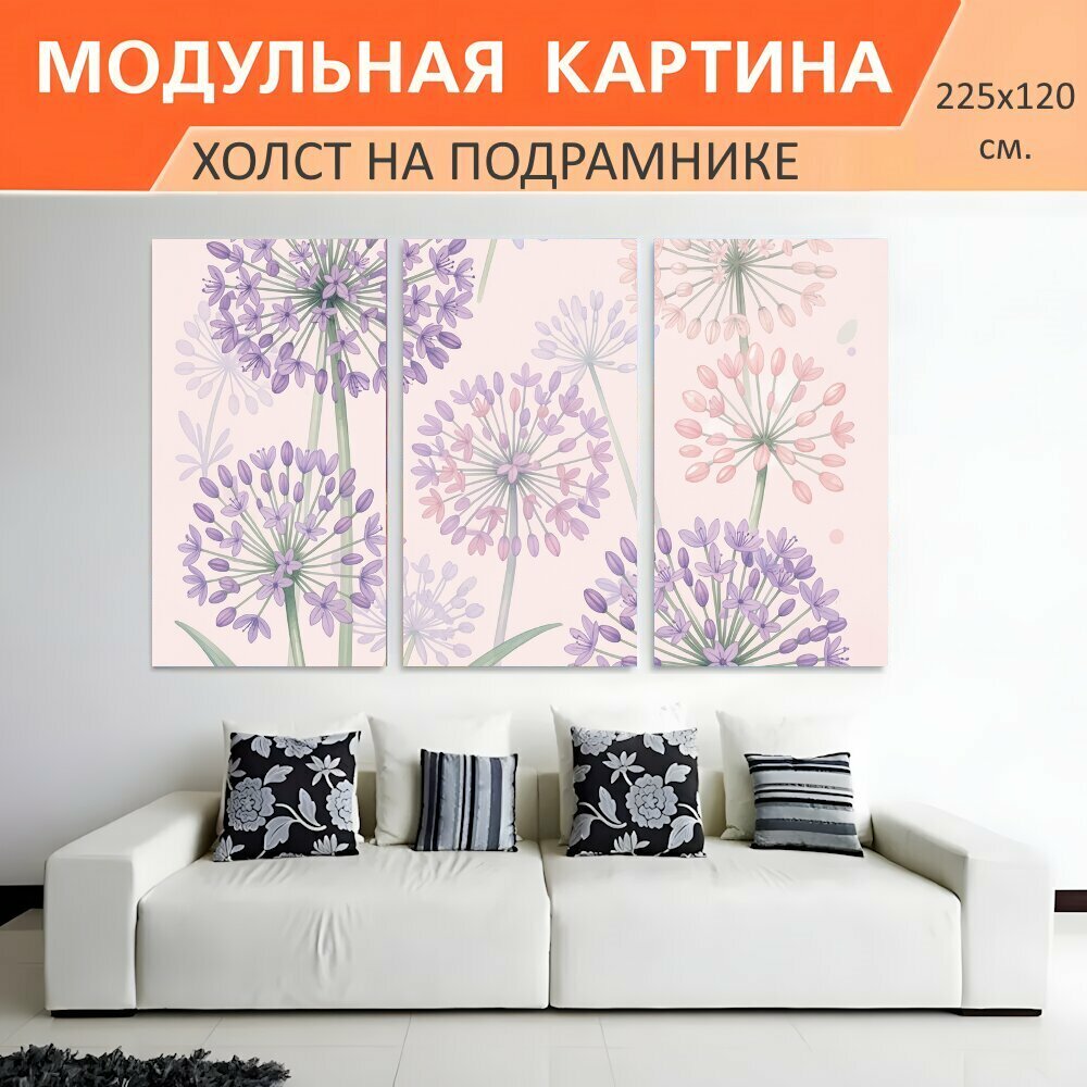 Модульная картина на холсте "Нежные цветы аллиума в пастельных тонах. Легкая ботаническая композиция с воздушными шаровидными." триптих на подрамнике 225х120 см. для интерьера