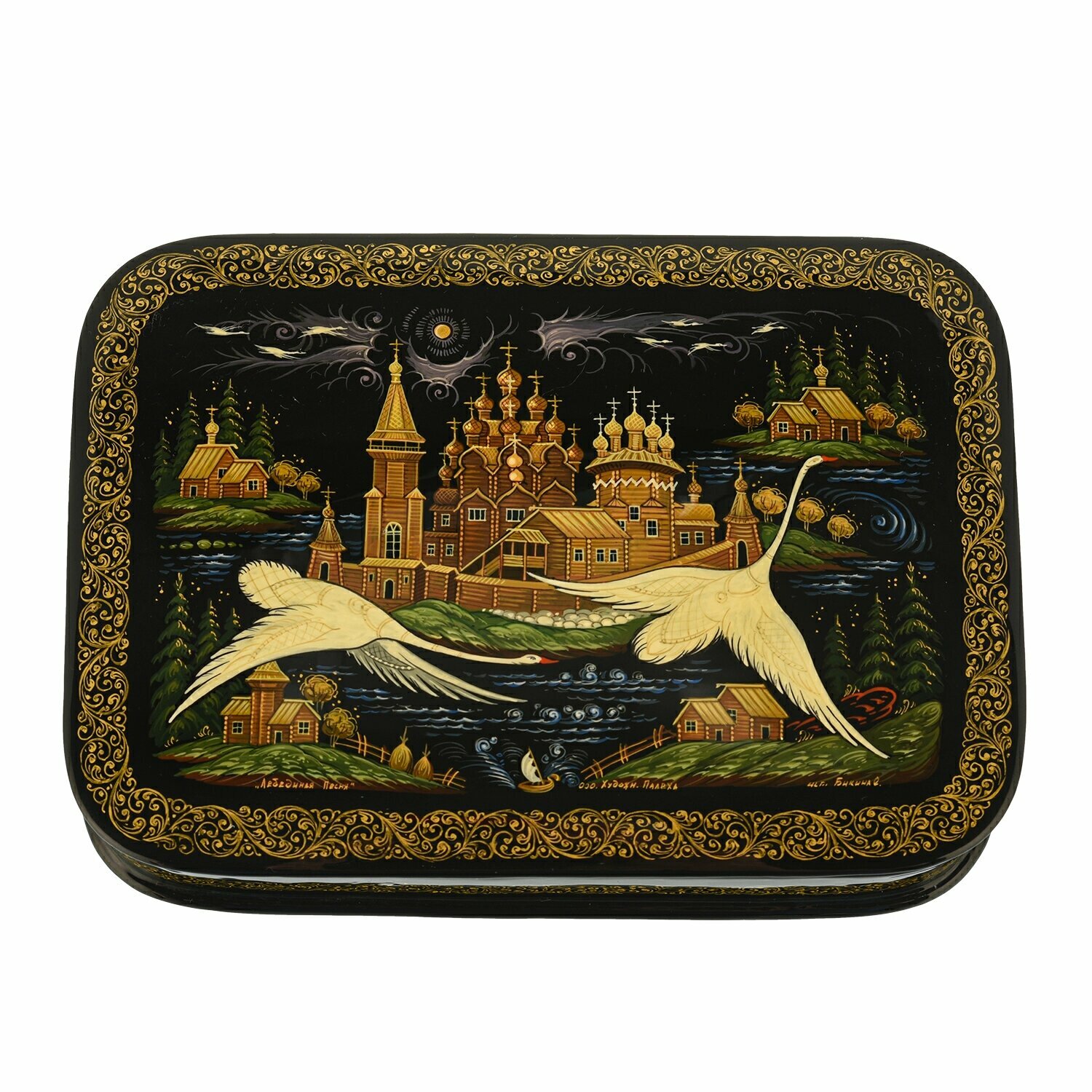 206195/17*12см Лаковая миниатюра Палех шкатулка "лебединая песня" Бикина