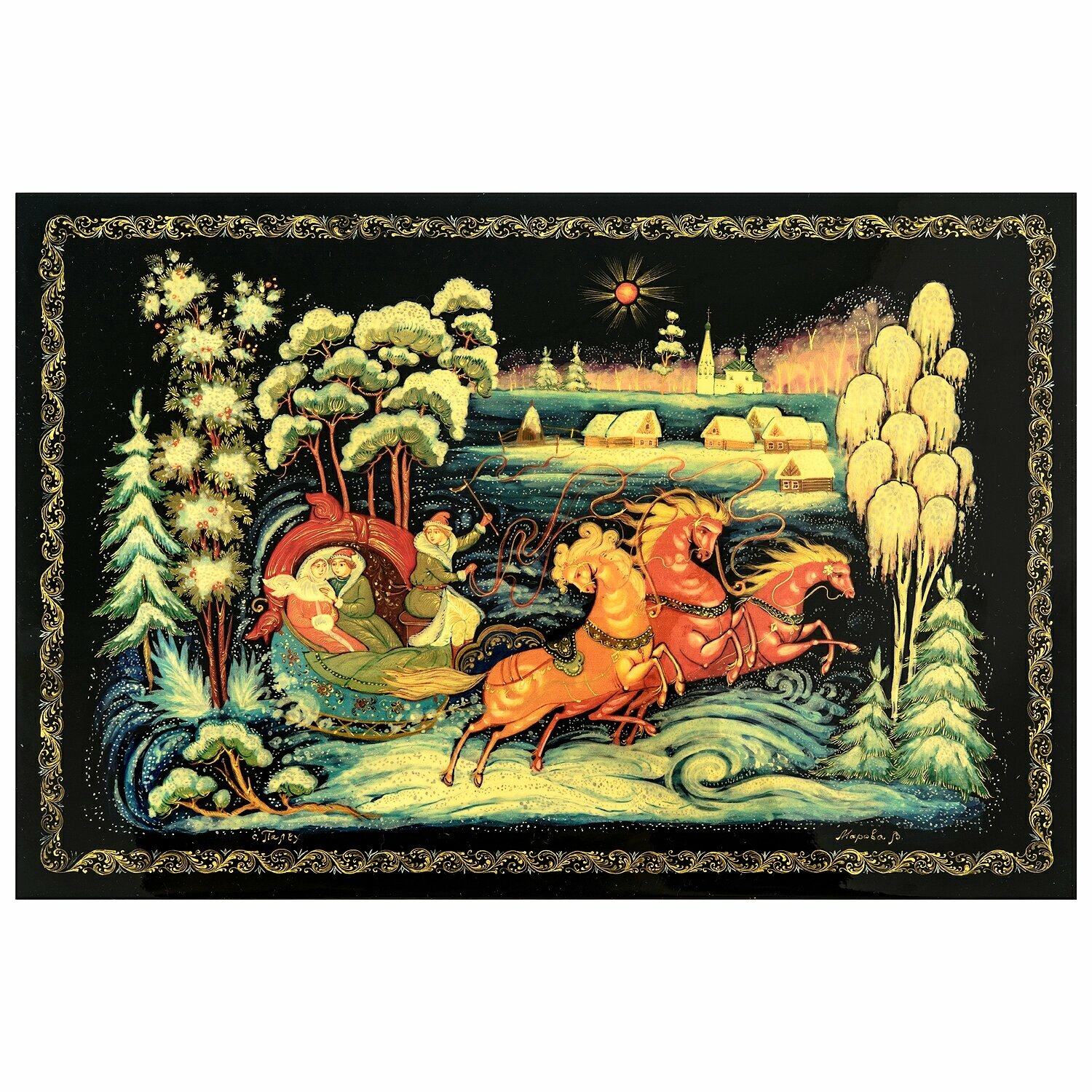 0076365/30*20см Лаковая миниатюра Палех панно "Тройка" Марова в П/У