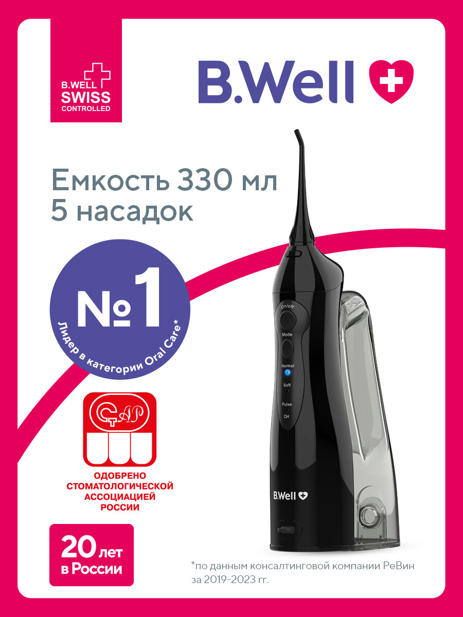 Ирригатор для полости рта портативный B.Well WI-911 с увеличенной емкостью 330 мл, черный