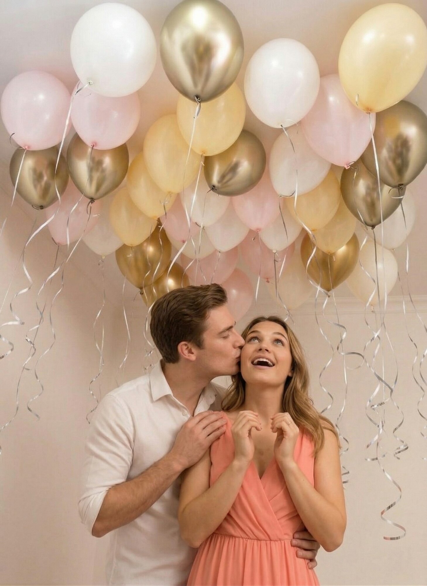 Набор гелиевых шаров, под потолок, 11 шт, розовый, золотой, белый, персиковый, уже надутые