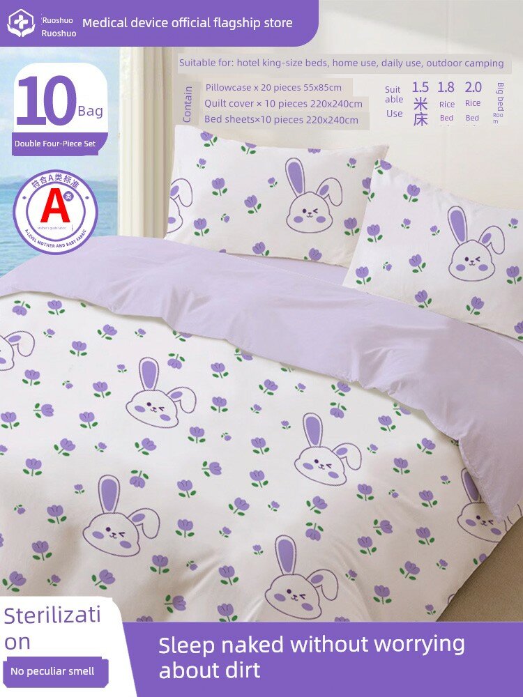 Disposable Four-Piece Bedding Set: Duvet Cover, Bed Sheet, Pillowcase, Bedding for Hotel, Travel, Train Sleeper,