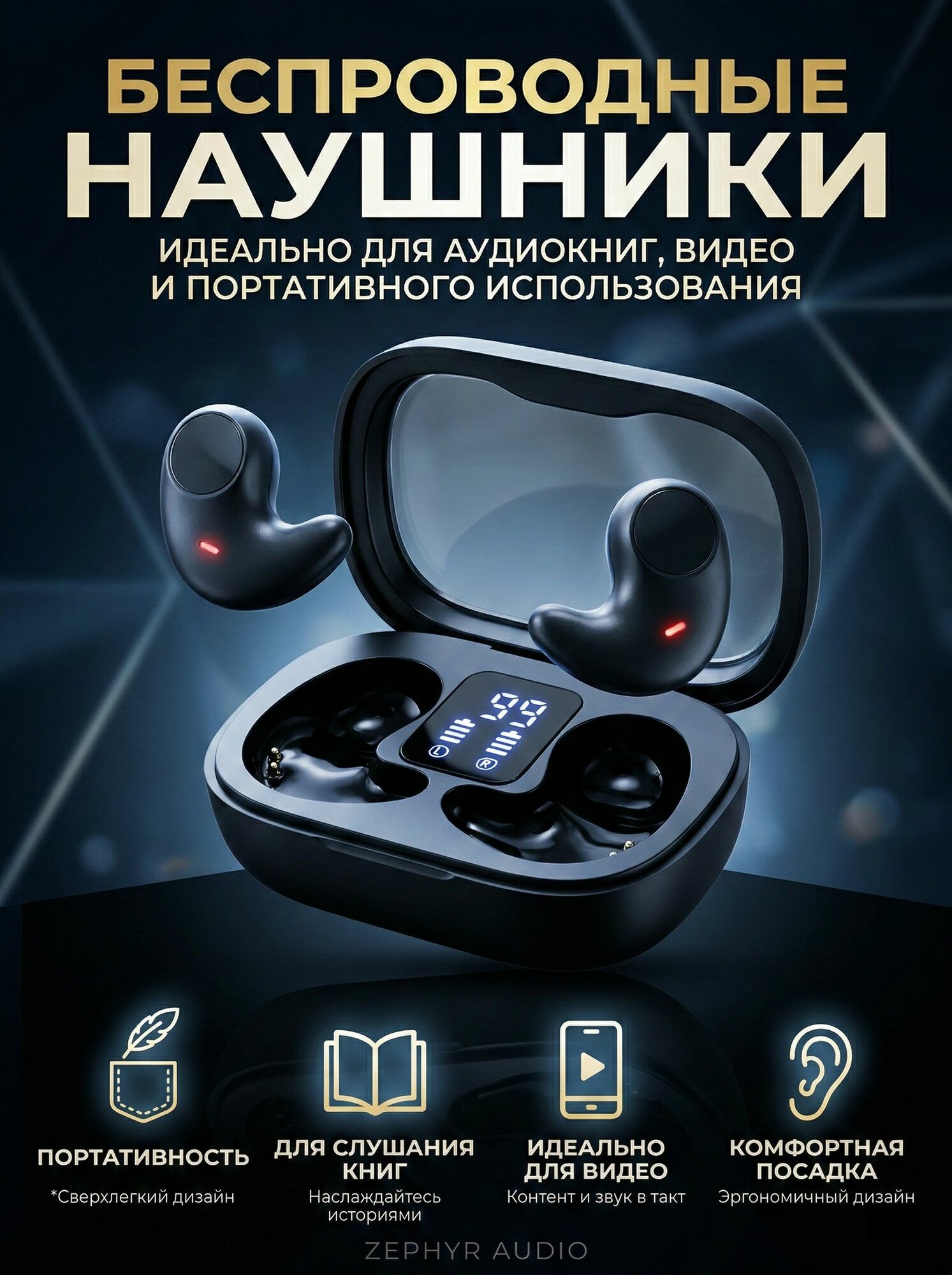 Наушники для сна, беспроводные наушники для сна, мини наушники, компактные, легкие, удобная посадка, Bluetooth, с микрофоном, цифровой дисплей, для дома и поездок, чёрный