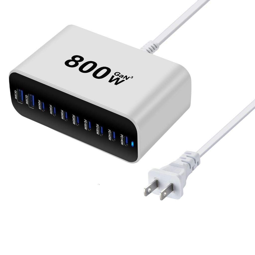 Портативный адаптер питания 800W с 10 портами, металлический корпус, автоматическое распределение мощности, Белый - US