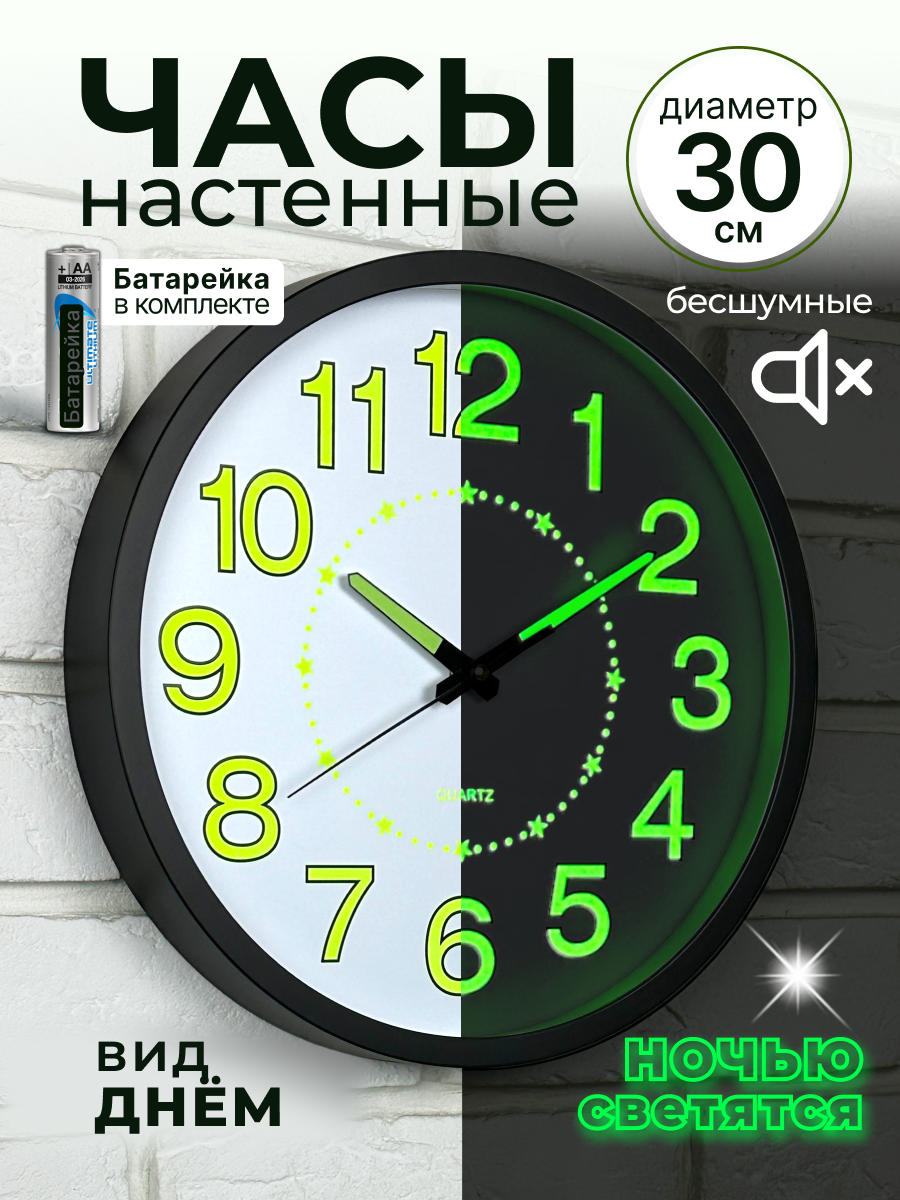 Интерьерные Часы настенные бесшумные большие 30см Круглые с крупными цифрами для кухни, гостиной, коридора или спальни