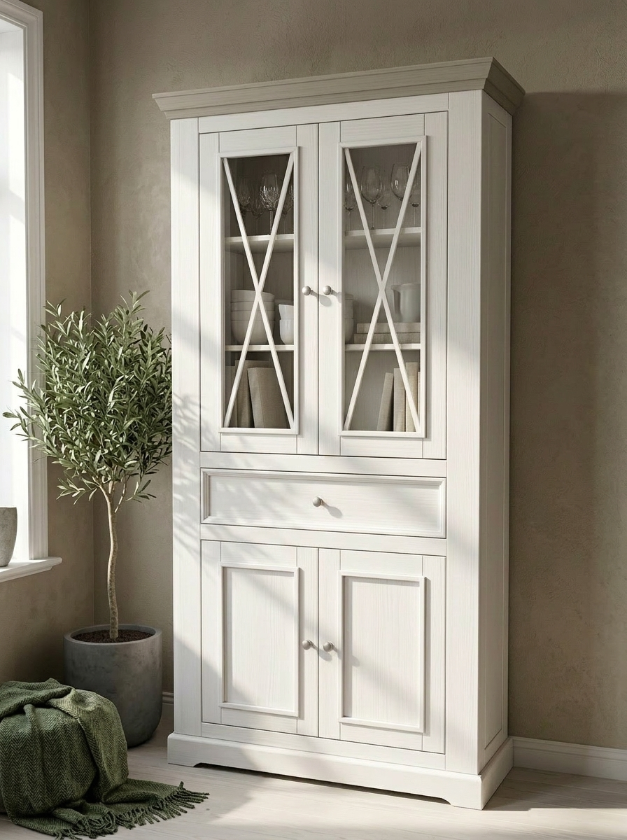 Шкаф "Фламберже" для посуды, гостинной, натуральное дерево, массив сосны, 108х42х213 см. цвет- белый воск/антрацит