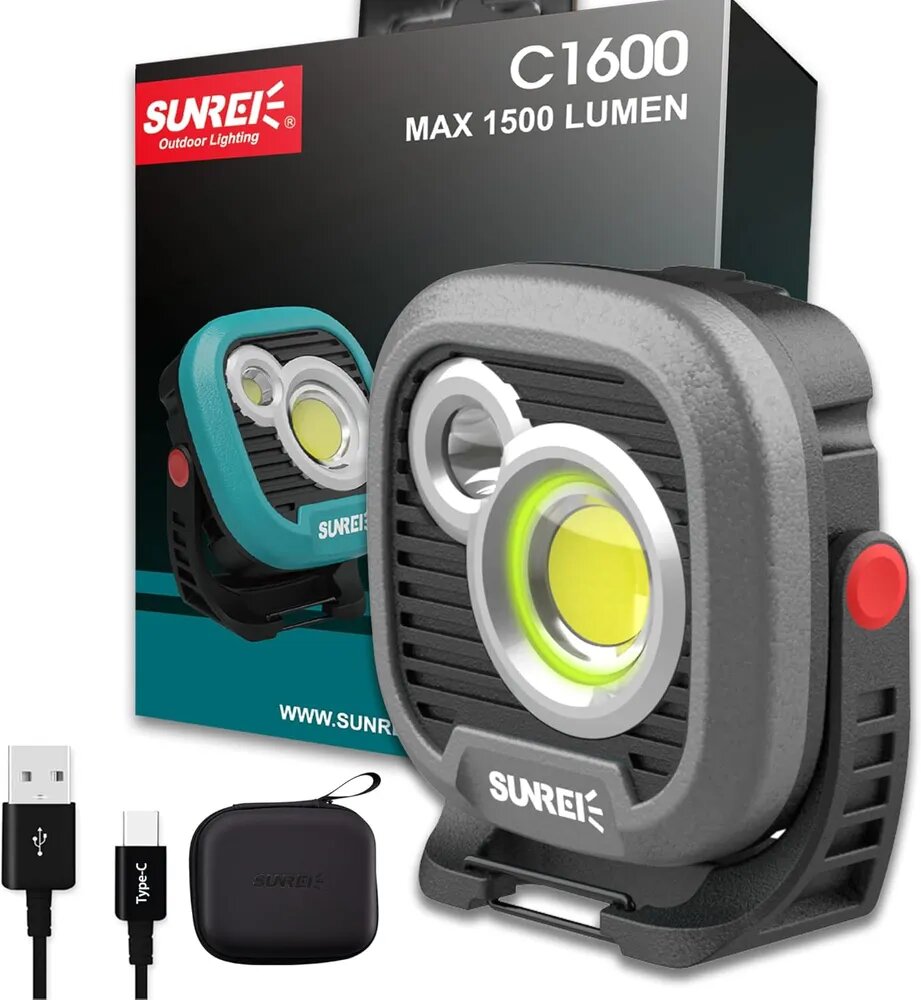 Светодиодный перезаряжаемый магнитный рабочий фонарь SUNREI Mechanic Light Power Bank, вращающийся на 180, 1500LM(серый)