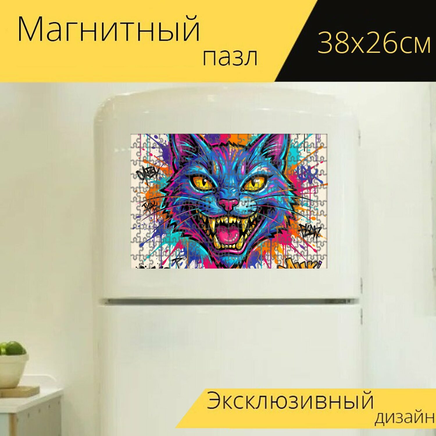 Магнитный пазл "Яркий неоновый кот граффити. Стильный городской арт с мордой хищного кота, яркие неоновые оттенки синего, фуксии, оранжевого и фиолетового." для интерьера, 38х26 см.