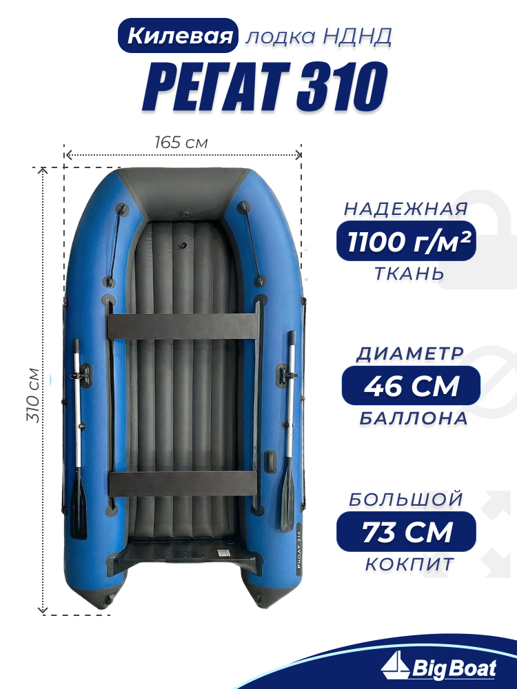 Надувная, под мотор, килевая лодка из ПВХ для рыбалки Regat (Регат) 310 НДНД