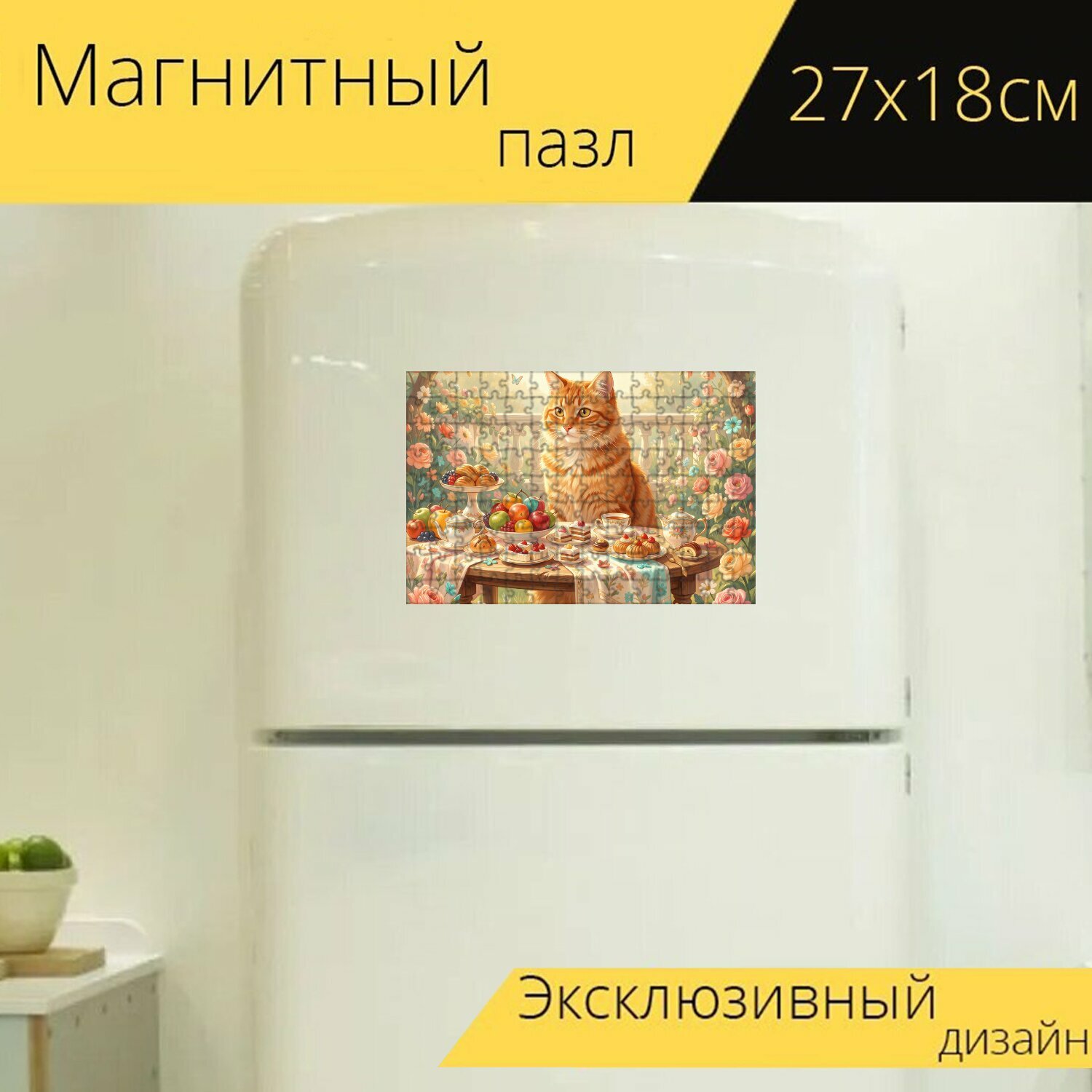 Магнитный пазл "Рыжий кот в цветущем саду. Уютная сказочная сцена: пушистый полосатый питомец за столом с фруктами, десертами и чайным сервизом среди роз." на холодильник 27 x 18 см.