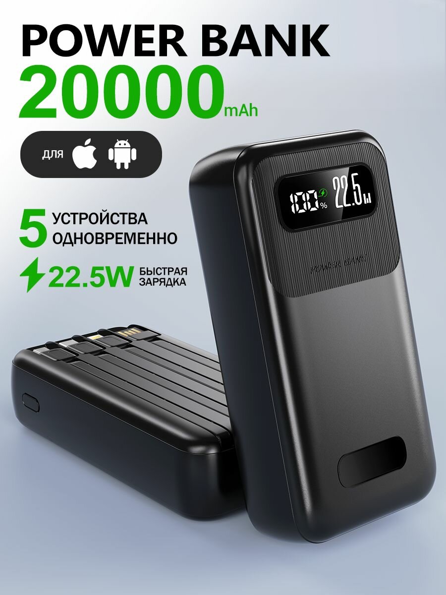 Повербанк 20000mah с быстрой зарядкой и проводами, Пауэрбанк павербанк внешний аккумулятор для телефона, Power bank (черный)