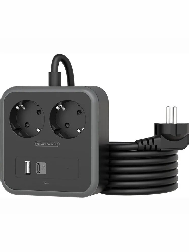 Сетевой фильтр NTONPOWER APD Удлинитель сетевой, 2 USB 2 розетки, PD 20W USB-C 18W USB-A, 3 м удлинитель, для путешествий домашних офисов