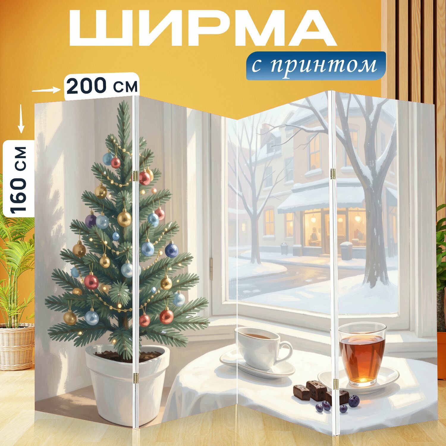 Ширма "Новогодняя елка у окна. Уютный зимний интерьер с украшенным хвойным деревцем, чашкой кофе, чаем и." перегородка для зонирования комнаты с принтом 200x160 см. на холсте