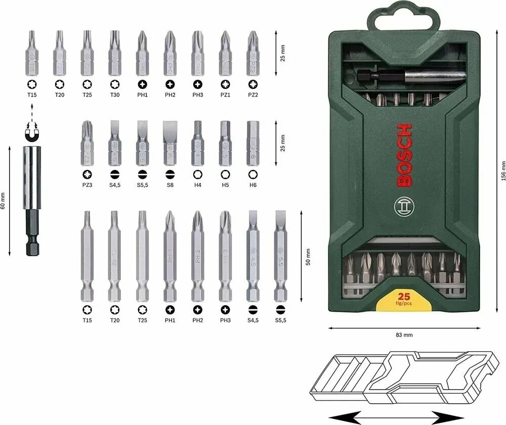 Набор из 25 отверток Bosch X/Line Mini, пластиковый кейс, зеленый 2607019676