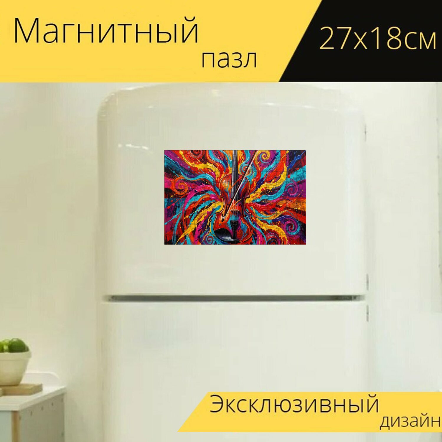 Магнитный пазл "Скрипка в ярких абстрактных красках. Экспрессивная музыкальная композиция со смычковым инструментом в центре, вихрями и брызгами неоновых." на холодильник 27 x 18 см.