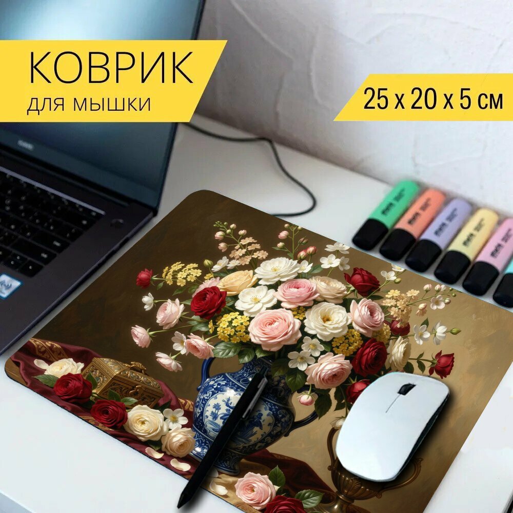 Коврик для мыши с принтом "Розы и ранункулюсы в вазе. Классический натюрморт с пышным букетом нежно-розовых, белых и бордовых цветов в фарфоровом кувшине, с бронзовым." 25x20см.