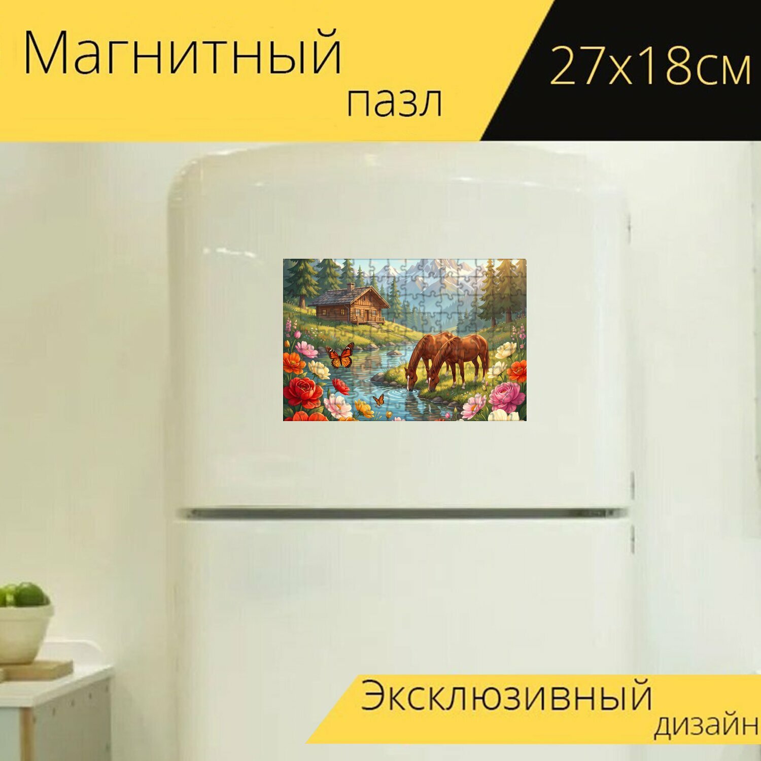 Магнитный пазл "Альпийская долина с лошадьми. Сказочная иллюстрация: деревянный домик у ручья, две пасущиеся лошади, цветущий луг, бабочки, хвойный лес и." на холодильник 27 x 18 см.