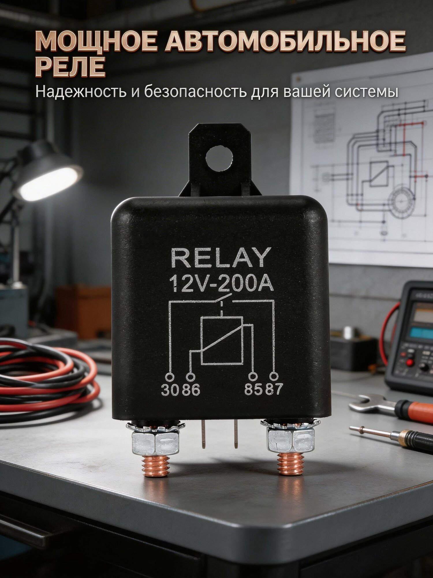 Реле 12 В 200 А, нормально разомкнутое 4-контактное с M6 штырями и креплением, для переключения больших токов и работы в цепях зарядки