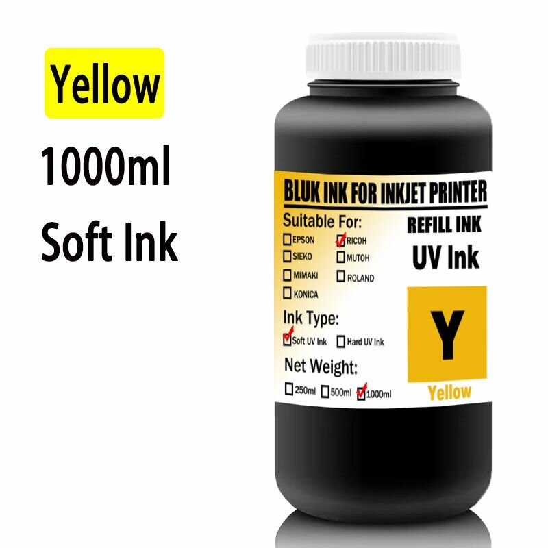 Чернила Мягкий чернила . Чернила УФ для UV , 1000 ml , принтера Ricoh Gen3 Gen4 Gen4L Gen5 Gen6 G3 G4 G5 G5i G6 , совместимый, совместимый, Желтый (yellow), 1 шт