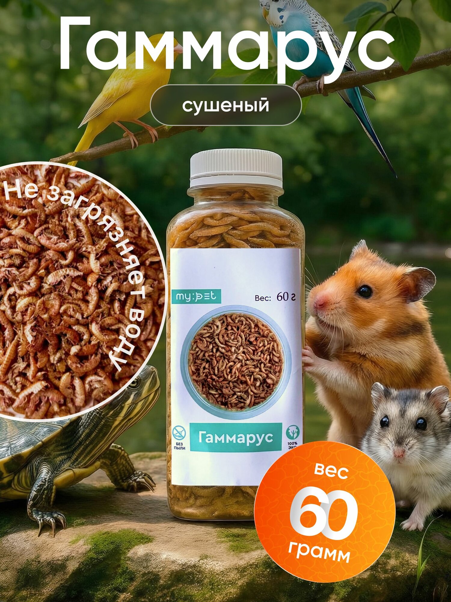My pet Корм гаммарус тушка натуральный универсальный сухой, вкусняшка для аквариумных животных, рептилий и улиток, рыбок, сухопутных и красноухих водоплавающих черепах в бутылке, 60г