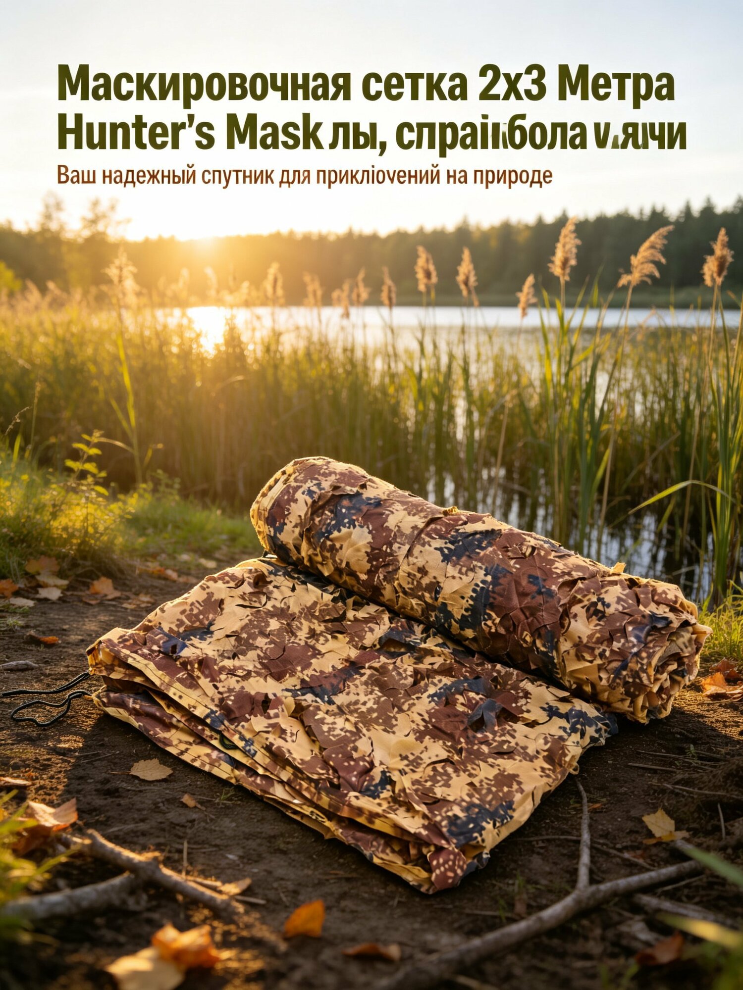 Маскировочная сетка Hunter's Mask 2х3 метра, камуфляж Камыш для охоты, страйкбола и дачи с защитой от солнца и ультрафиолета