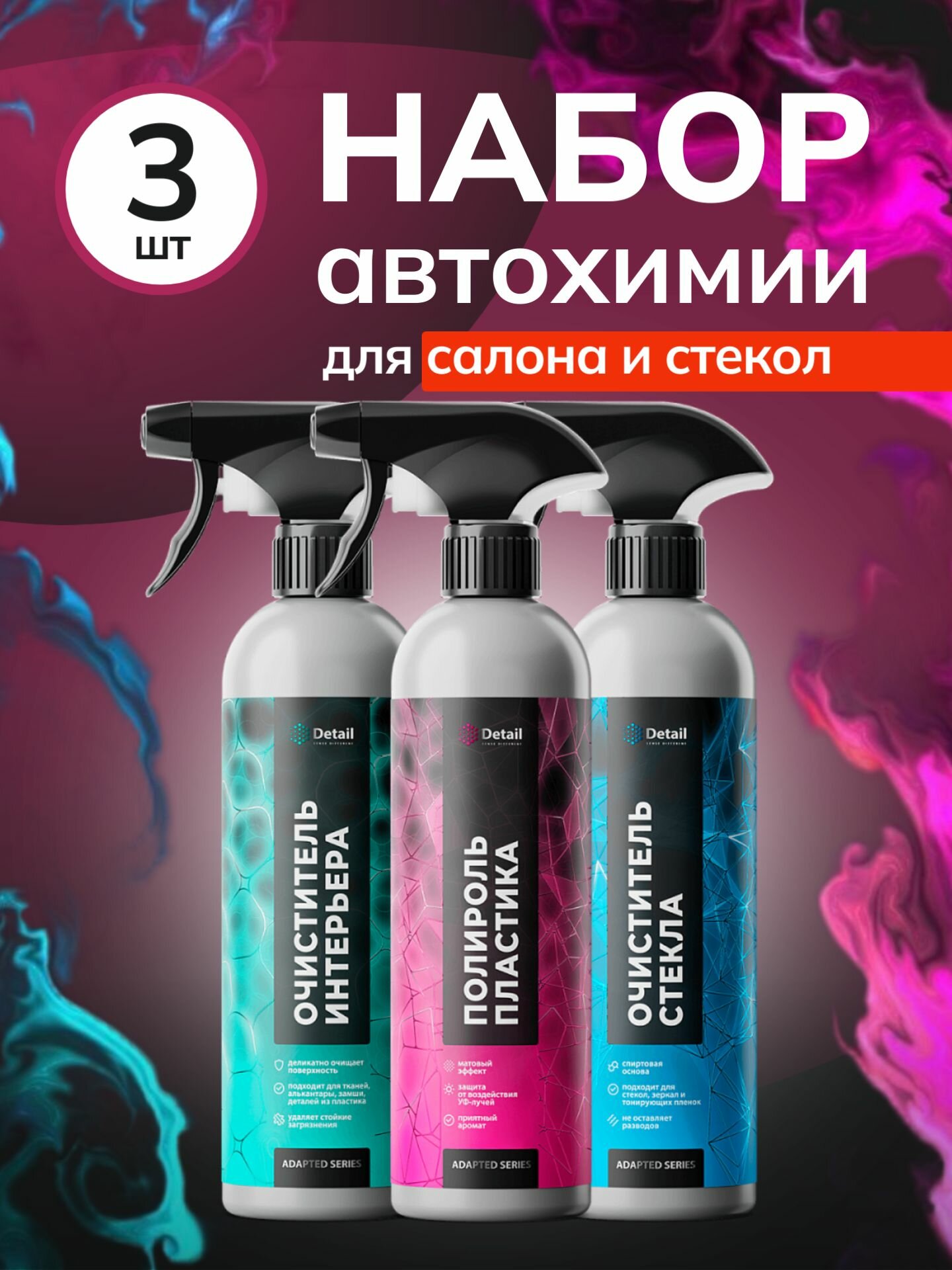 Набор автохимии Adapted Series Detail: очистка стекол, пластика, интерьера без разводов