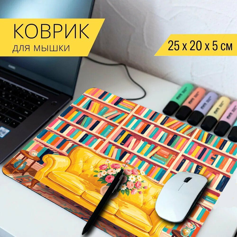 Коврик для мыши с принтом "Уютная гостиная с книгами и цветами. Яркая иллюстрация с золотистым диваном, букетом роз и ромашек, полками с разноцветными книгами и ковром с." 25x20см.