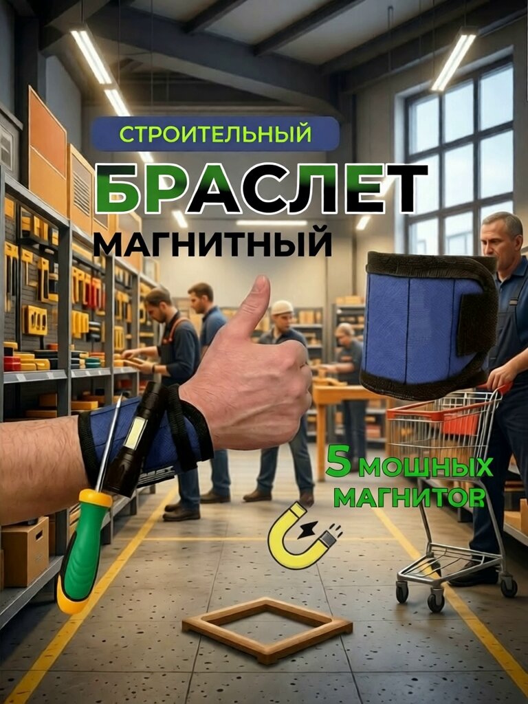 Магнитный браслет, строительный, регулируемый, 5 магнитов, синий