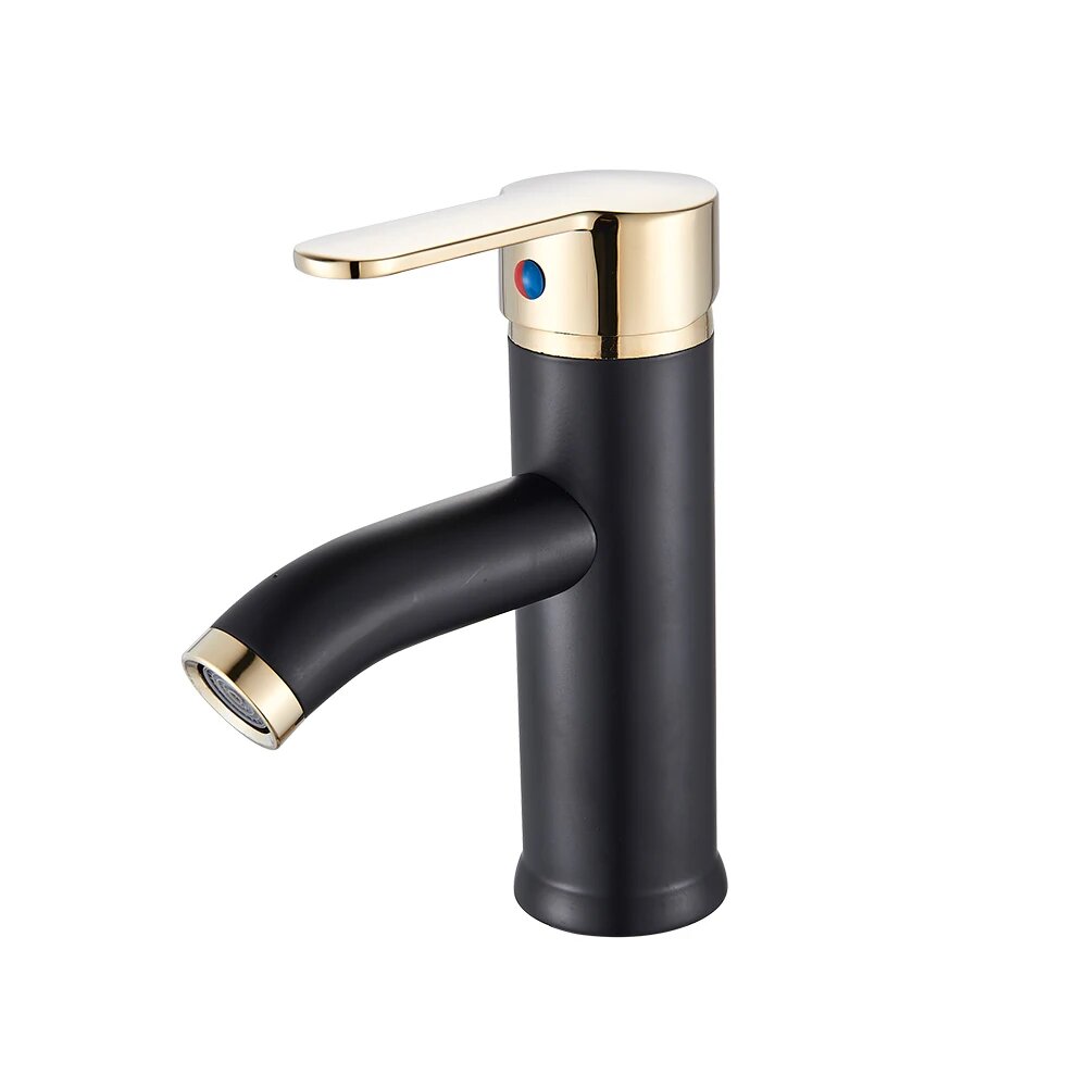 Кран для раковины Rozin Matte Black Basin Sink Faucet с одним рычагом для горячей и холодной воды, монтируемый на раму, латунный смеситель для ванной, однолодочный кран — черно-золотой короткий