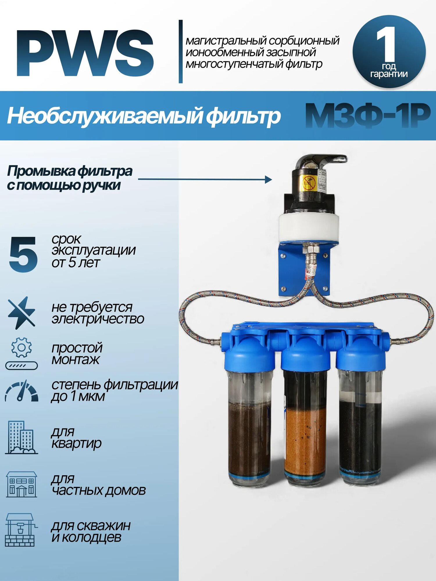 Магистральный сорбционный ионообменный засыпной многоступенчатый фильтр с обратной и прямой промывкой (МЗФ-1Р)