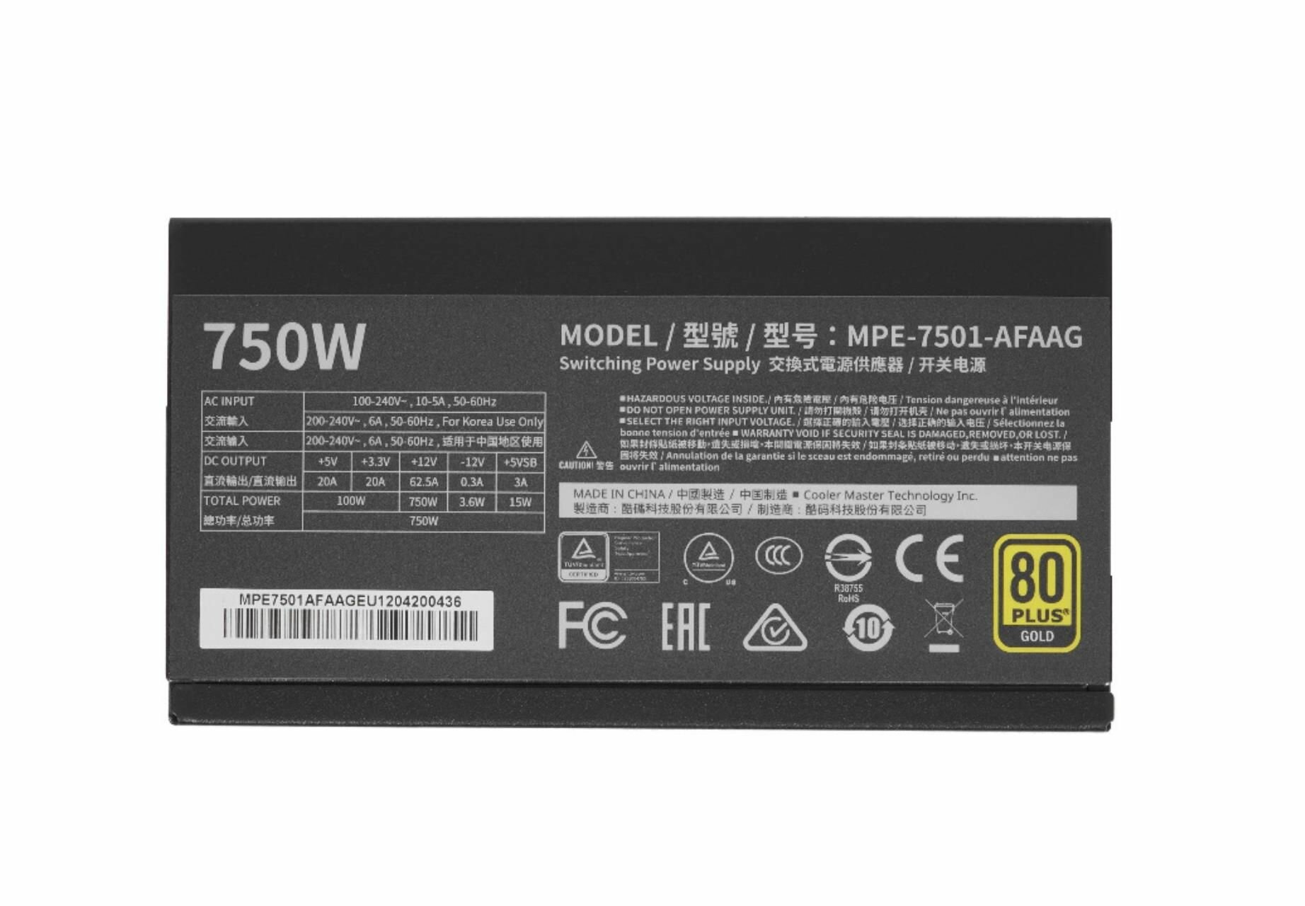 Блок питания Cooler Master MWE GOLD 750 - V2 Full Modular MPE-7501-AFAAG черный