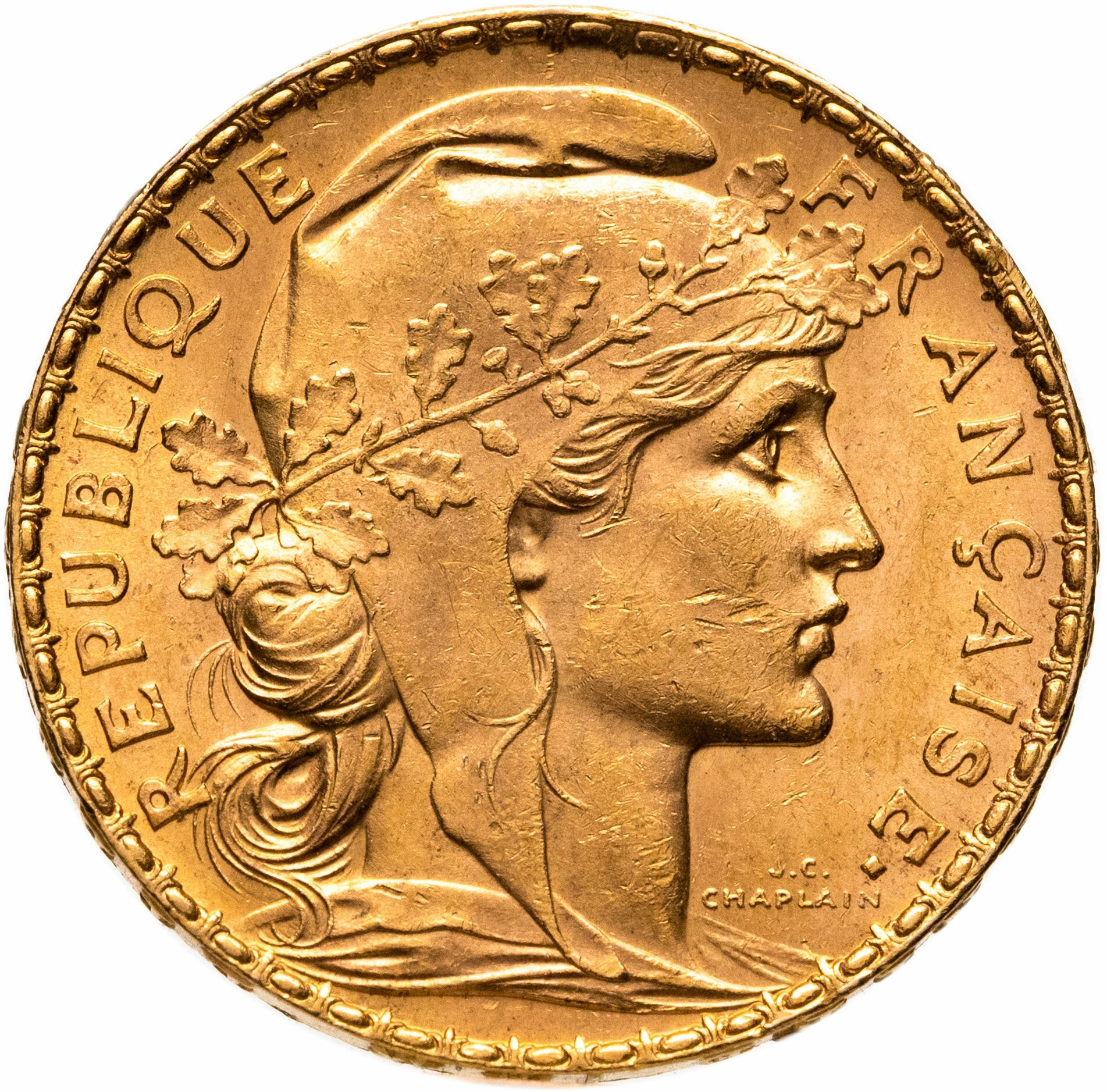 Франция 20 франков francs 1910, Золото 900, в сохранности UNC