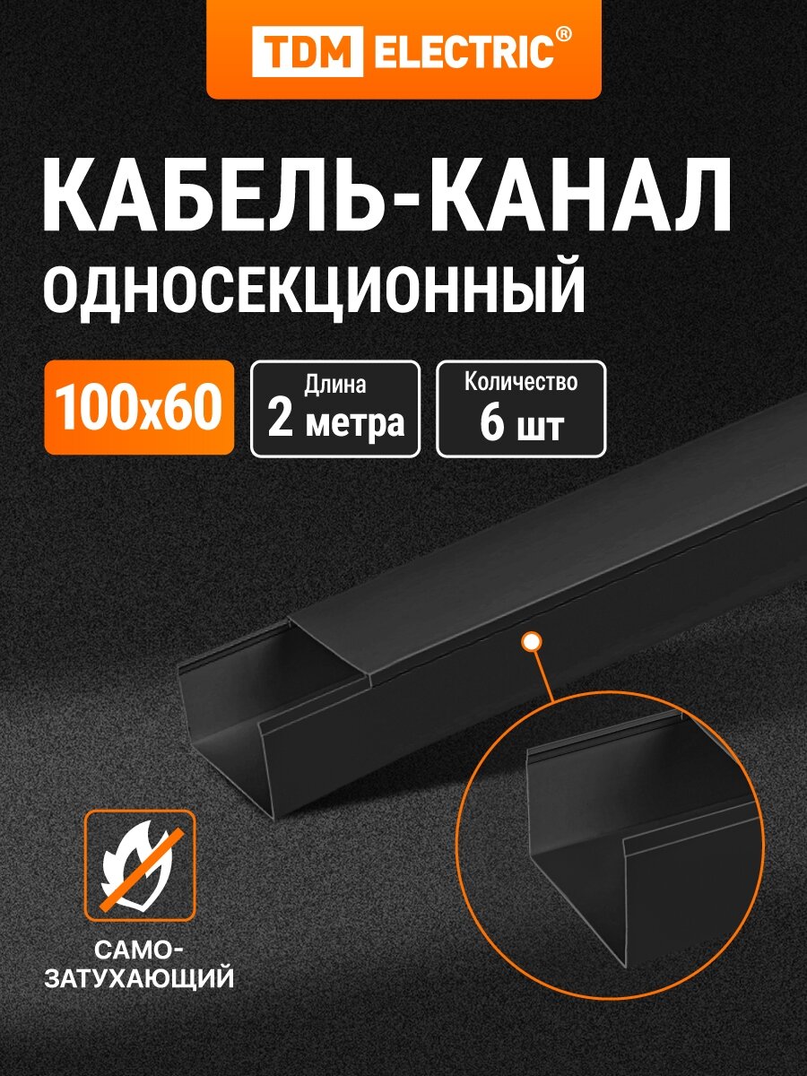 Кабель-канал черный 100х60, 2 метра, упаковка 6 штук TDM Electric