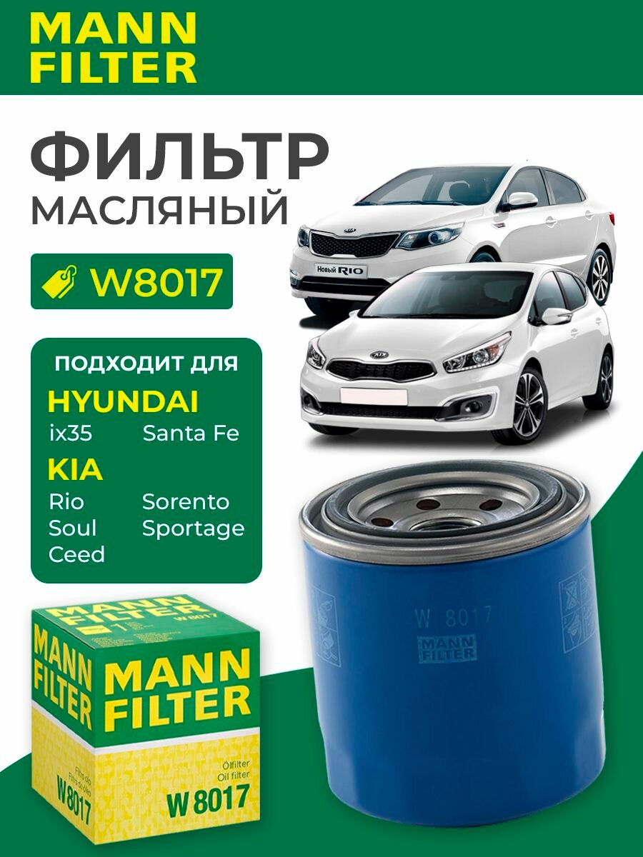 MANN Фильтр масляный Хендай i30 2, i40 1, ix20 ix35 Санта-Фе 3, Туксон с 15 года, Киа Сиид JD, Рио 3, Соренто 2 Спортэйдж 3/4, Соул 2