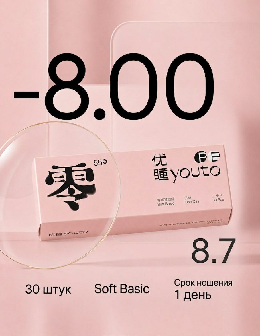 Линзы контактные однодневные YOUTO,30 штук,-8, гидрогелевые