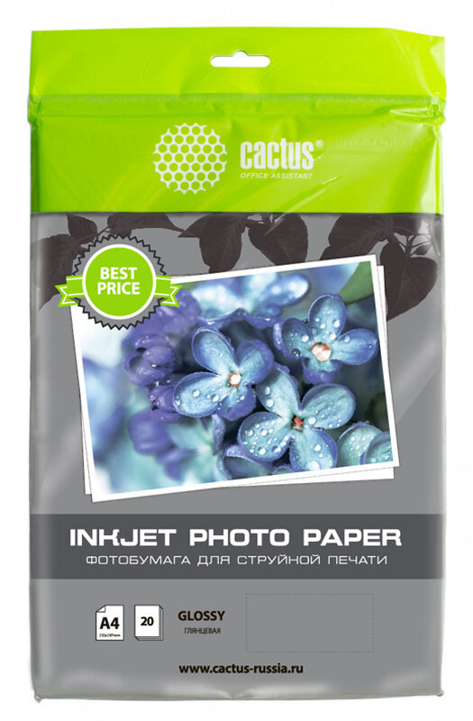 Фотобумага CACTUS A4, 130 г/м2, 20 л, глянцевая, для струйной печати (CS-GA413020ED)