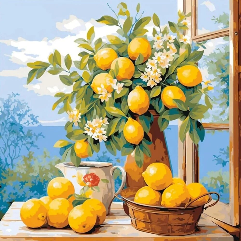 Алмазная мозаика "Лимоны у окна", 50x50 см, Full Square