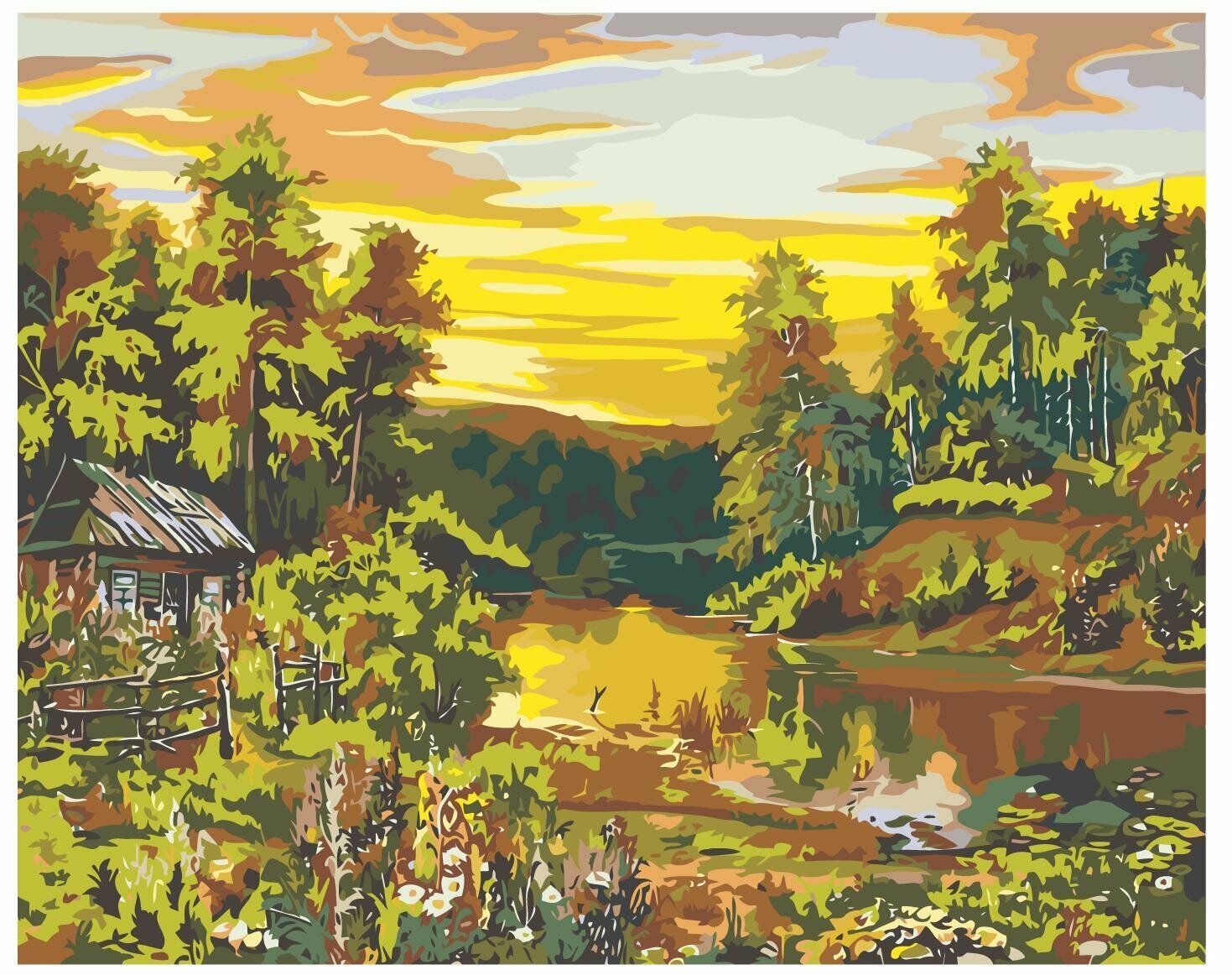 Картина по номерам, 40 x 50, ARTH-AH128, пейзаж, деревня, закат, ферма, домик, речка, солнце
