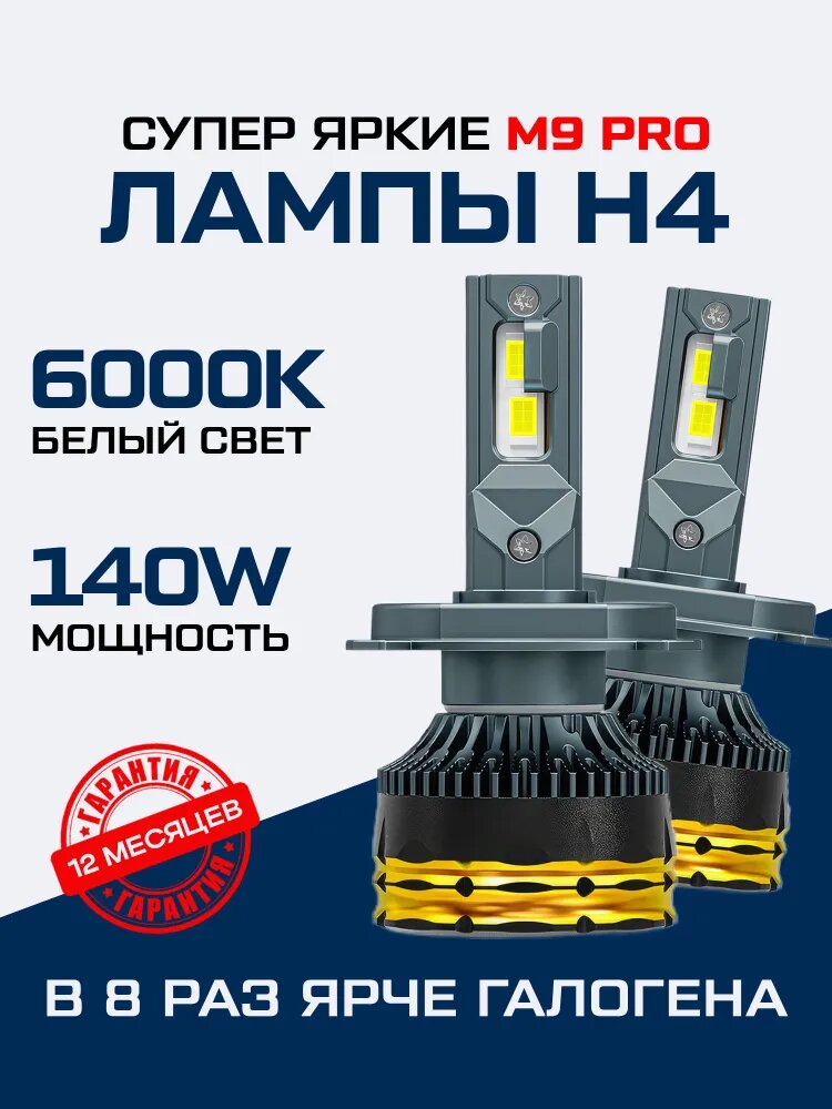 Лед лампы H4 M9 Pro, светодиодные лампы H4, очень яркие LED 140W (max), 6000K, 12V, 2 шт (M9PRO-H4)