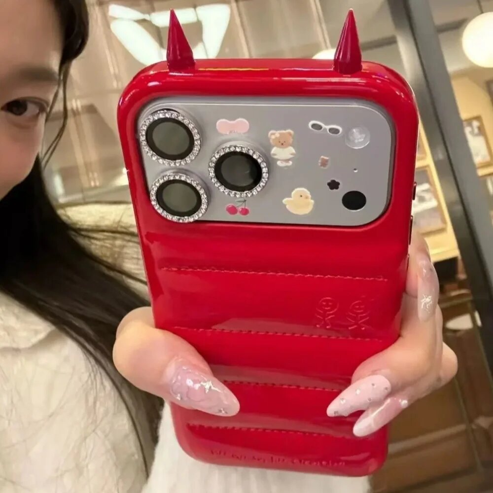 Глянцевый чехол Ins 3D с рогами дьявола для iPhone 17 Pro, 16, 15, 17 Pro айфон 14, Красный, Red