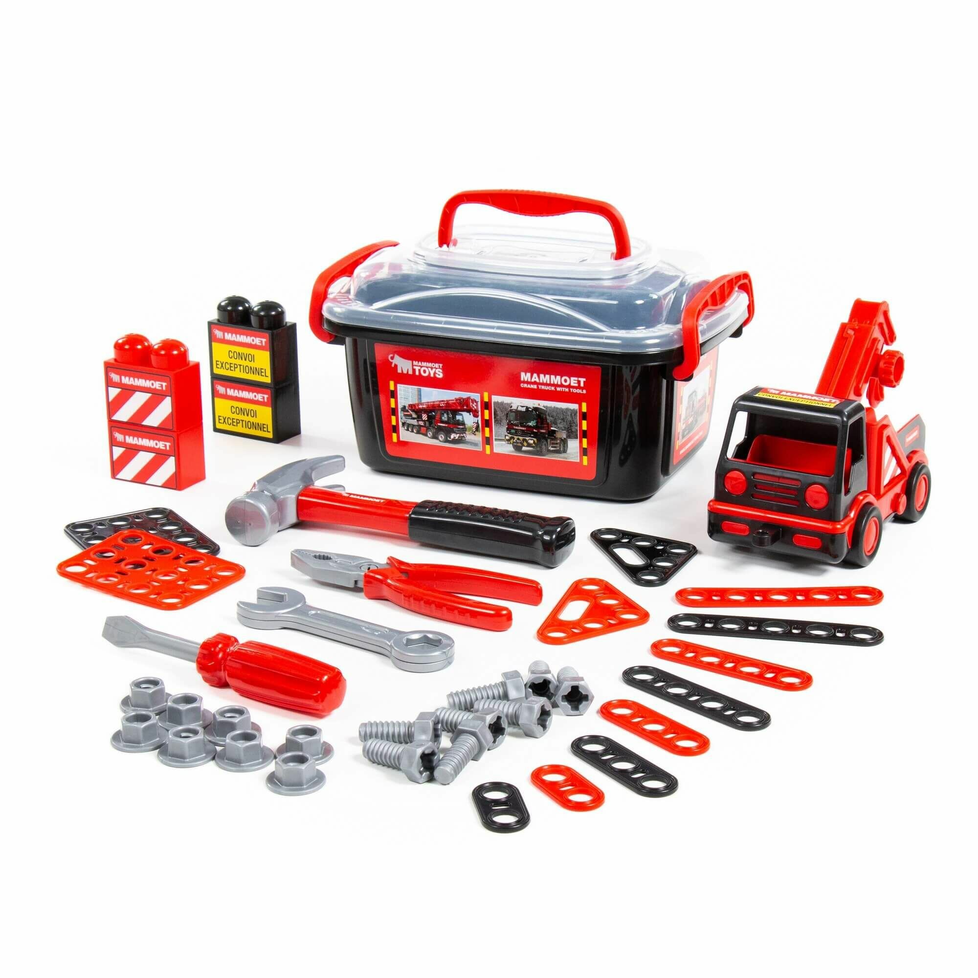 Чемоданчик мастера - детские инструменты, винты, гайки, пластины для закручивания - 36 эл. в контейнере с машинкой-эвакуатором / Полесье